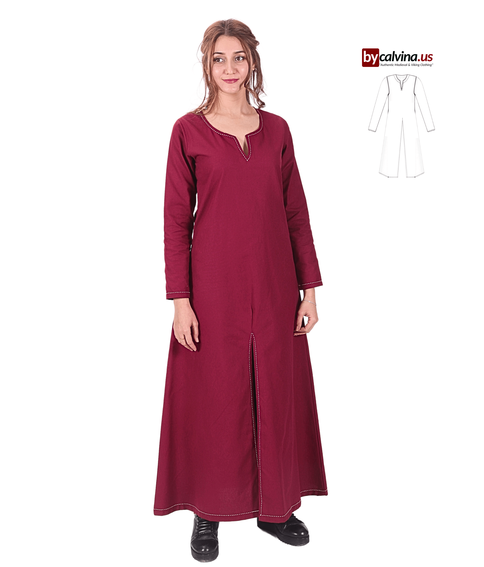 FAYE Burgundy - Medieval Viking Women’s Front and Back Slitted Dress w ...